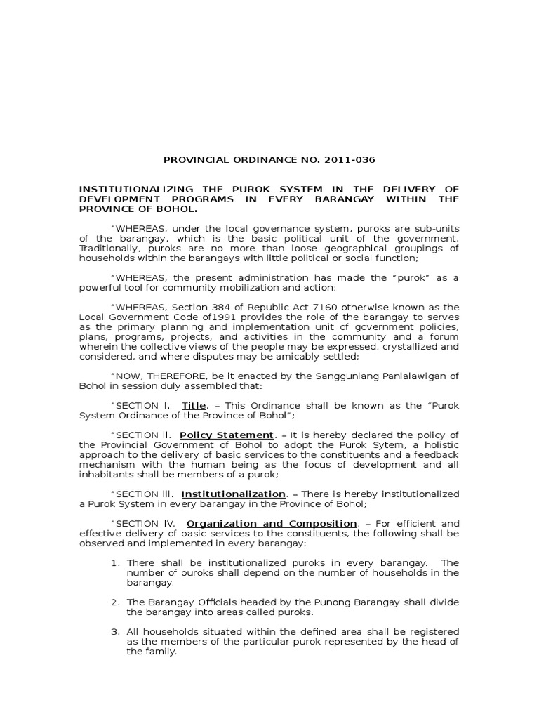 Purok System Provl Ordinance | PDF | Government | Government Information