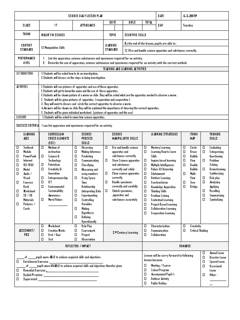 SCIENCE Manipulative Skill 5 March 2019 | PDF | Lesson Plan | Learning