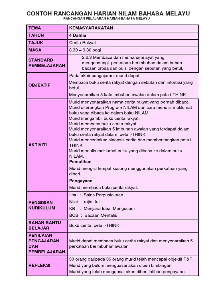 Contoh Rancangan Harian Nilam Bahasa Melayu | PDF
