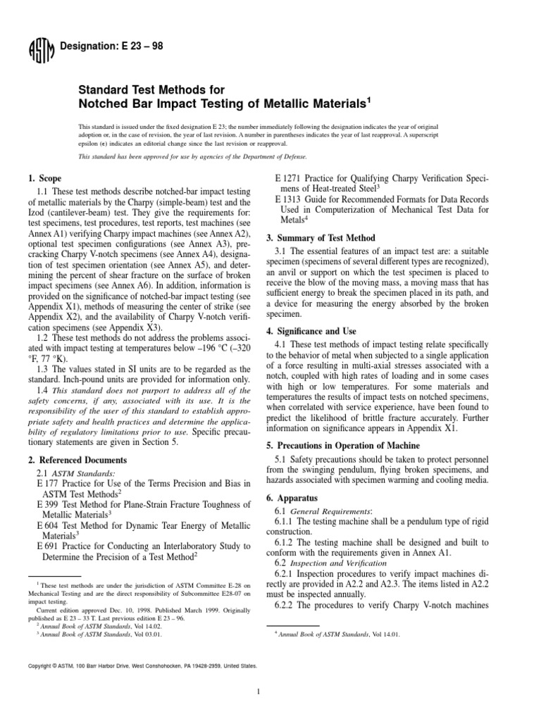 Notched Bar Impact Testing of Metallic Materials: Standard Test Methods ...