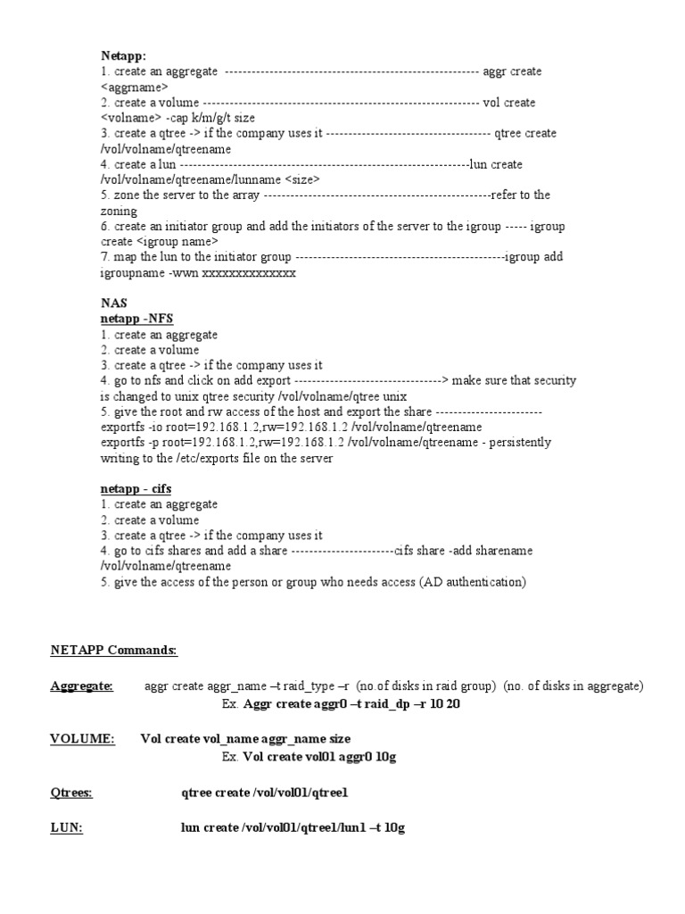 Netapp Commands Create Aggregates Volumes Qtrees Luns Snapshots Pdf Utility Software