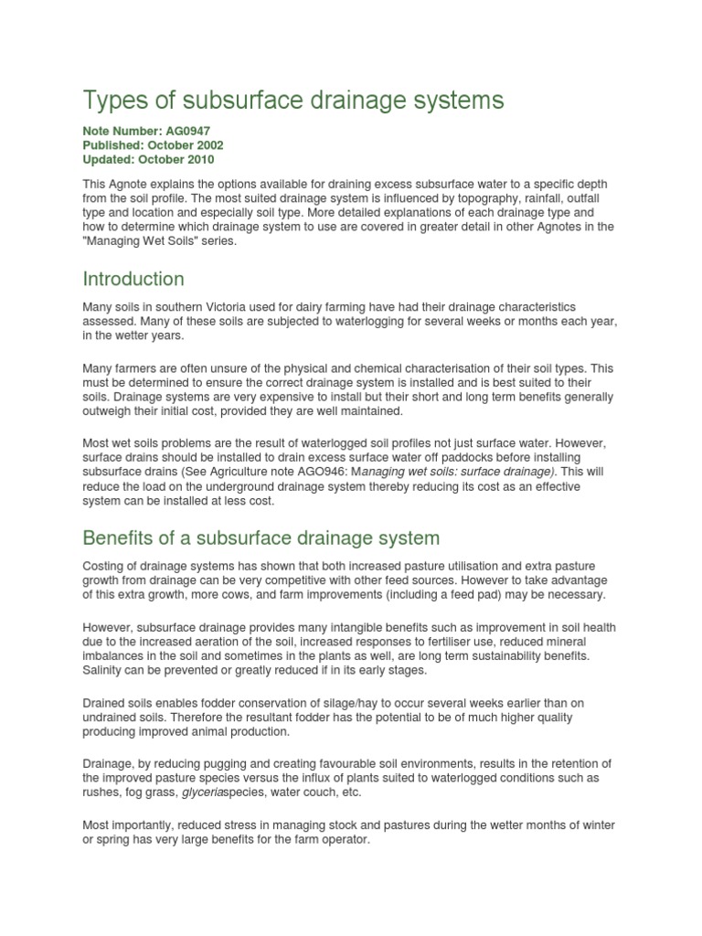 Types of Subsurface Drainage Systems | PDF | Drainage | Soil