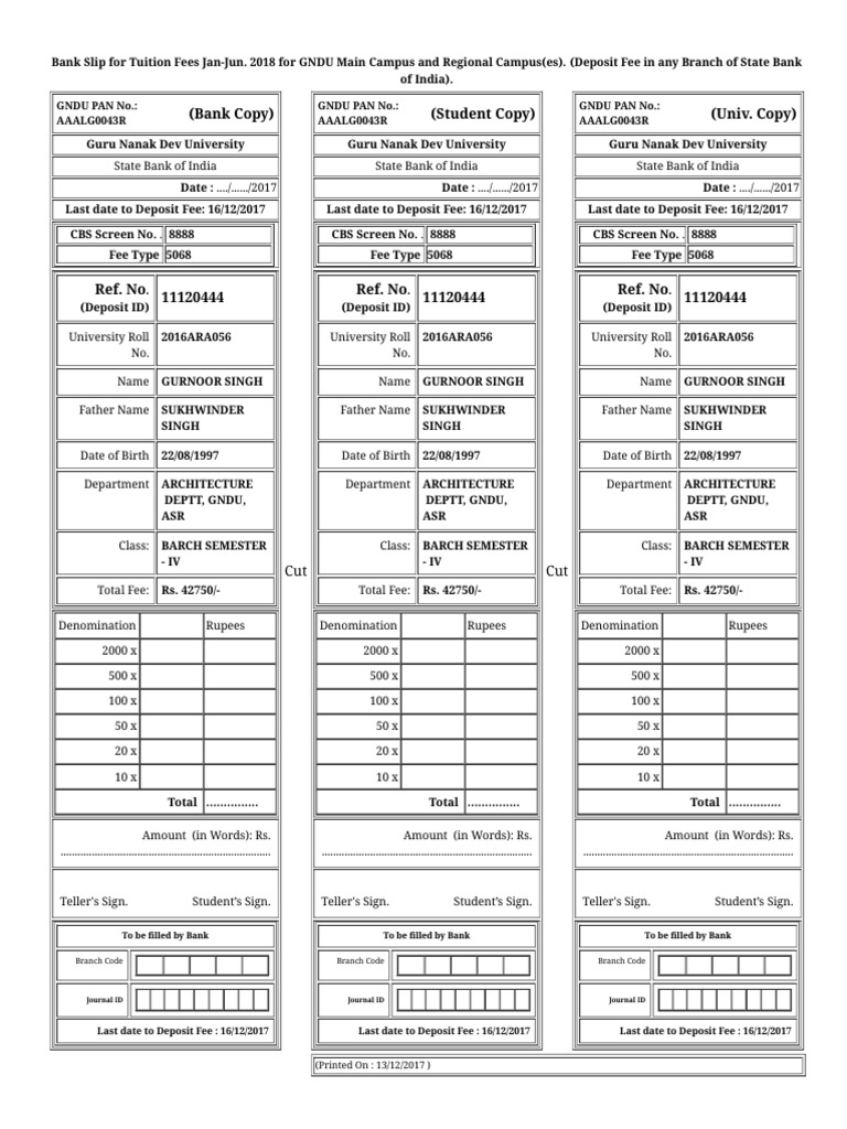 Bank Slip for Tuition Fees at Guru Nanak Dev University for January ...