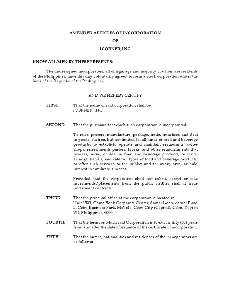 Amended Aoi - Icorner | PDF | Philippines | Corporations