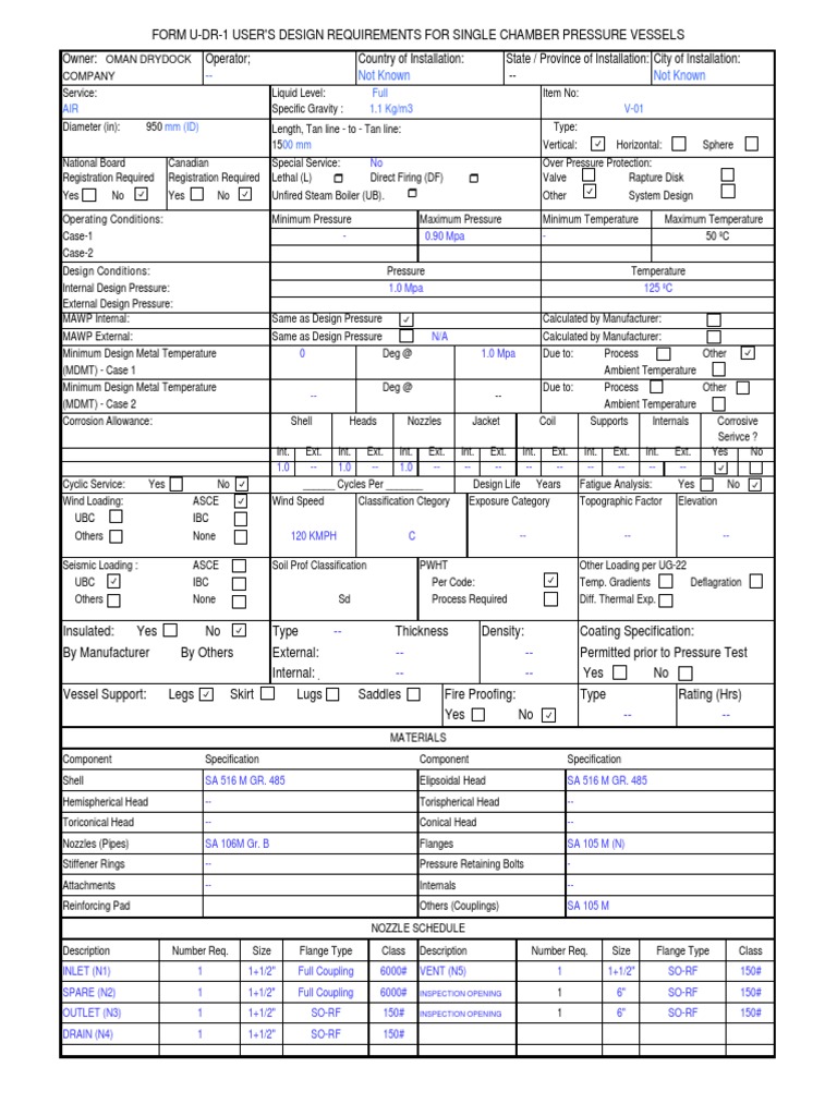 Form U-Dr-1 User'S Design Requirements For Single Chamber Pressure ...