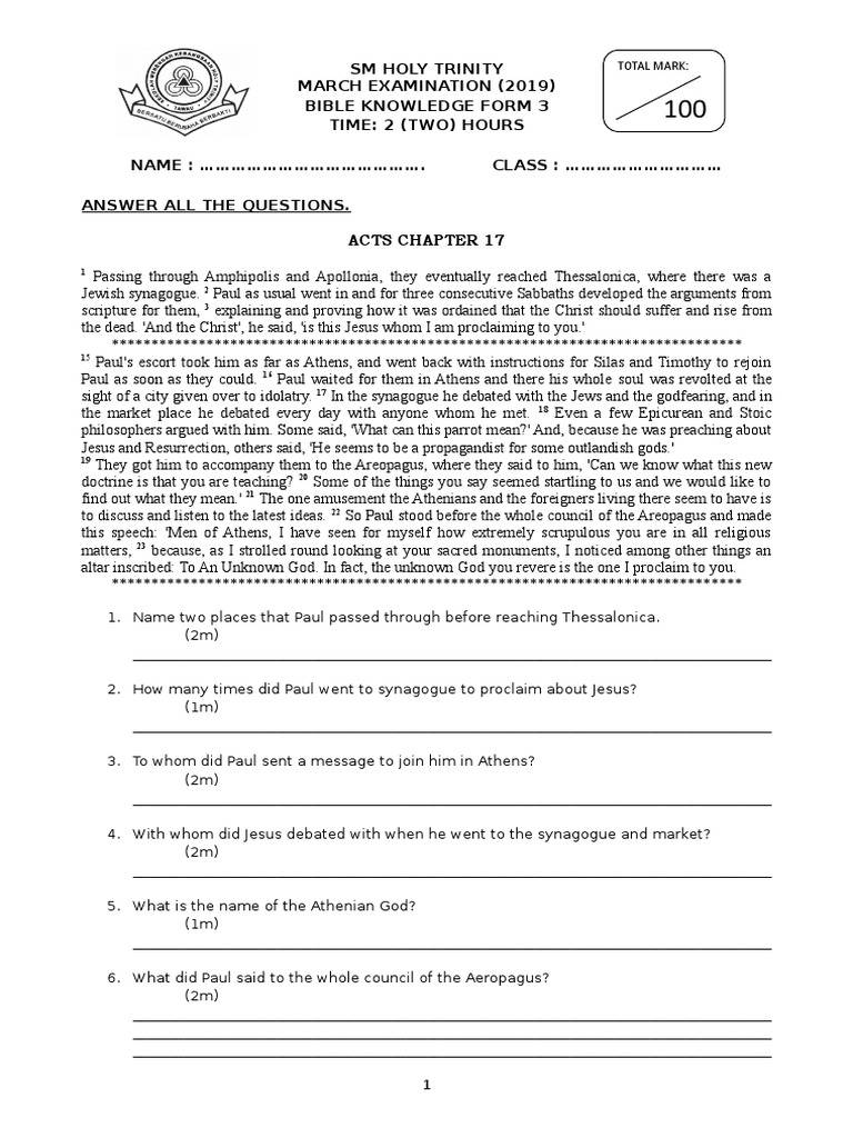 SM Holy Trinity March Examination (2019) Bible Knowledge Form 3 Time: 2 ...