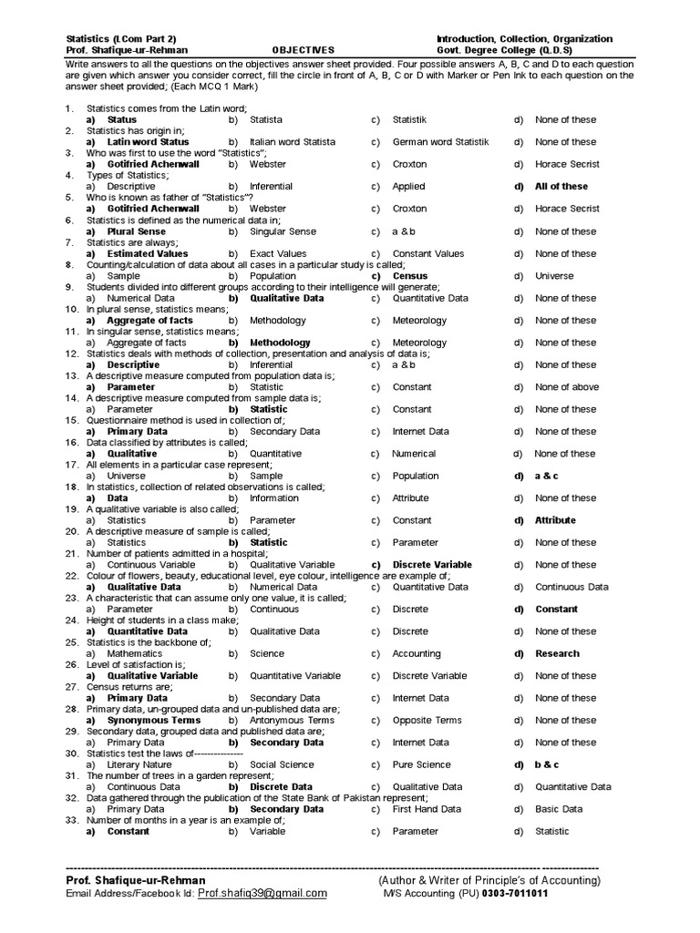 Statistics MCQs for Competitive Exams | PDF | Arithmetic Mean | Mode ...