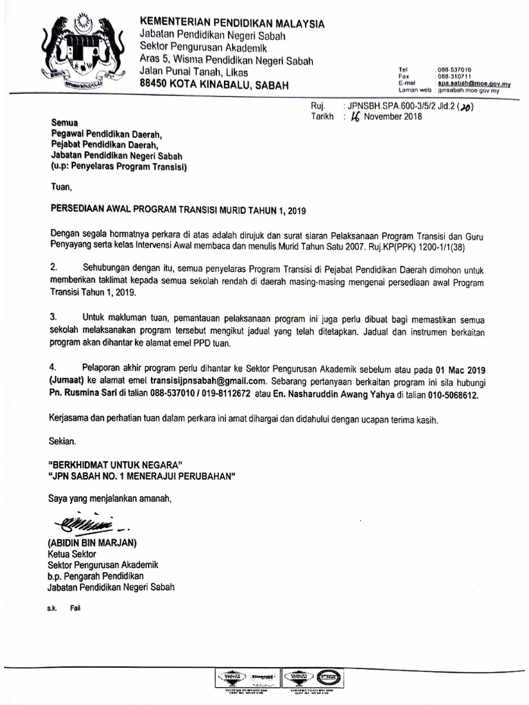 Surat Makluman Pelaksanaan Program Transisi Tahun 1 2019 | PDF