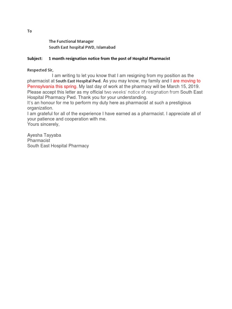 Subject: 1 Month Resignation Notice From The Post of Hospital ...
