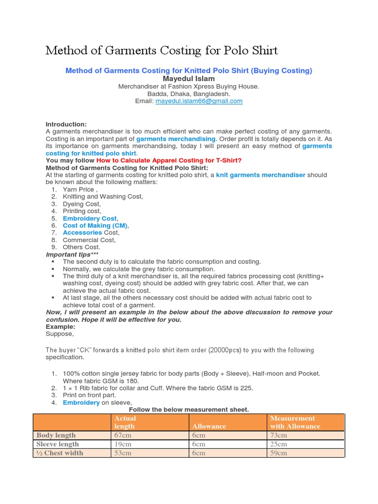 Method of Garments Costing For Polo Shirt | PDF | Knitting | T Shirt