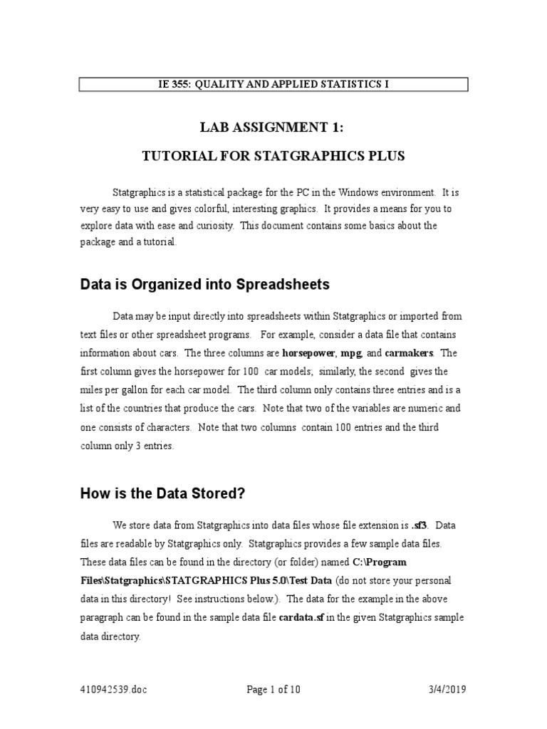Lab Assignment 1: Tutorial For Statgraphics Plus: Ie 355: Quality and ...