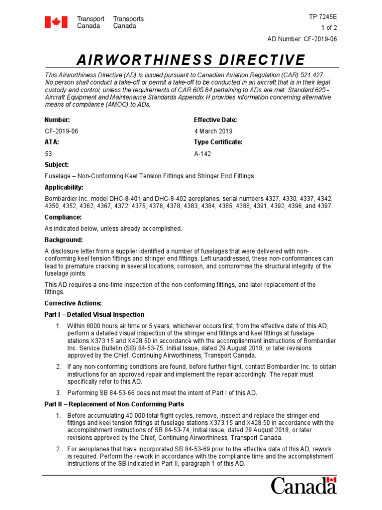 Airworthiness Directive: Number: Ata: Effective Date: Type Certificate ...