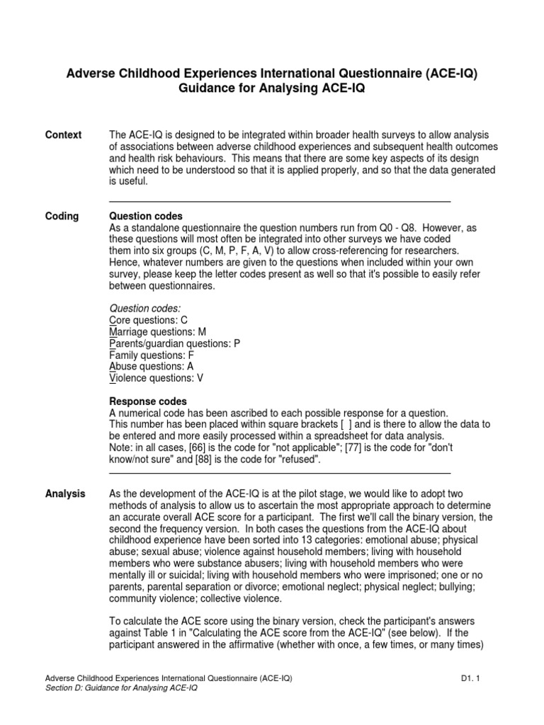 Adverse Childhood Experiences International Questionnaire (ACE-IQ) Guidance For Analysing ACE-IQ ...