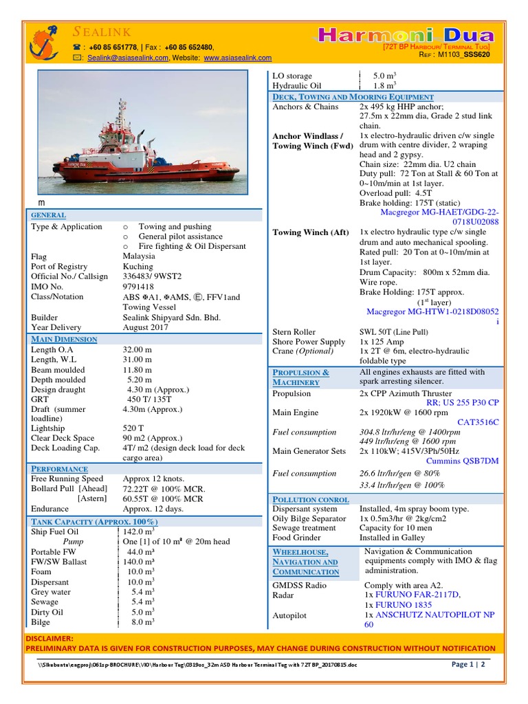 32m ASD Terminal Tug Specifications | PDF | Anchor | Water Transport