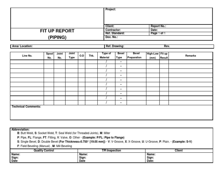 Piping Daily Fit Up Quality Control and Inspection Report Form | PDF ...