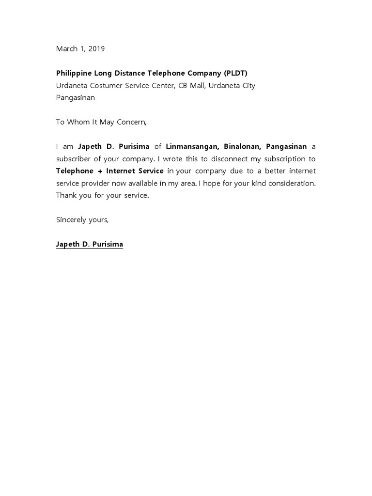Internet Disconnection Request Letter | PDF | Information And ...