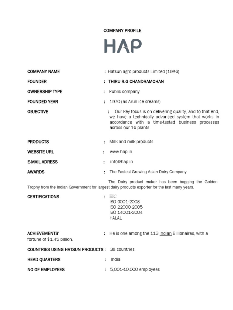 HAP Company Profile | PDF | Milk | Food Industry