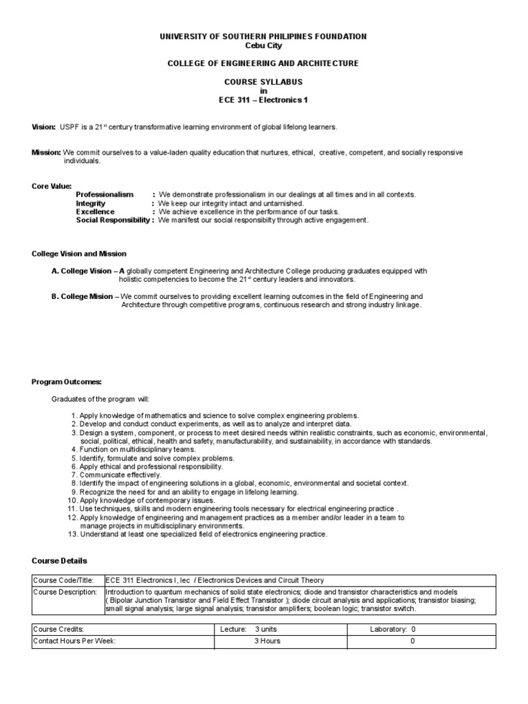 ECE 311 Electronics I Course Syllabus | PDF | Bipolar Junction ...