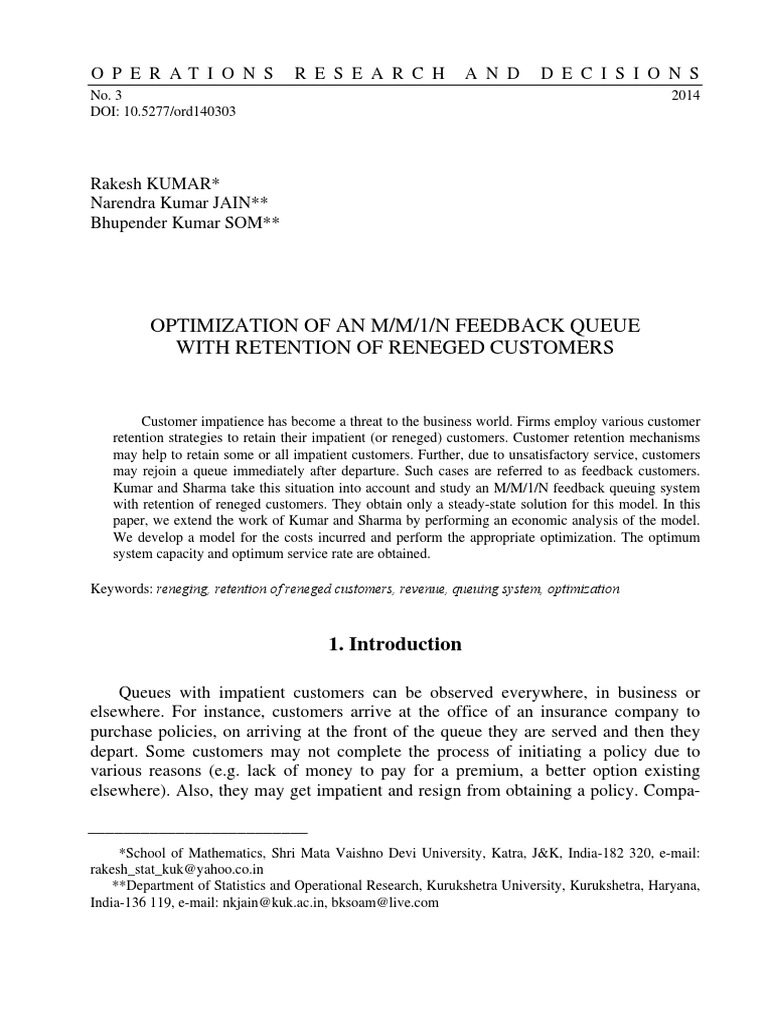 Optimization of An M/M/1/N Feedback Queue With Retention of Reneged Customers | PDF ...