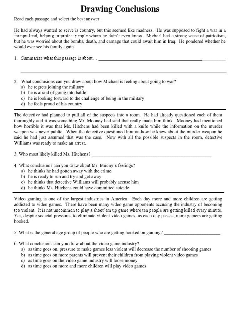 Drawing Conclusions Practice Worksheets | PDF | Video Games | Violence