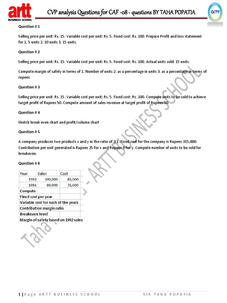 CVP Analysis Questions + Answers Set PDF | PDF | Microeconomics ...