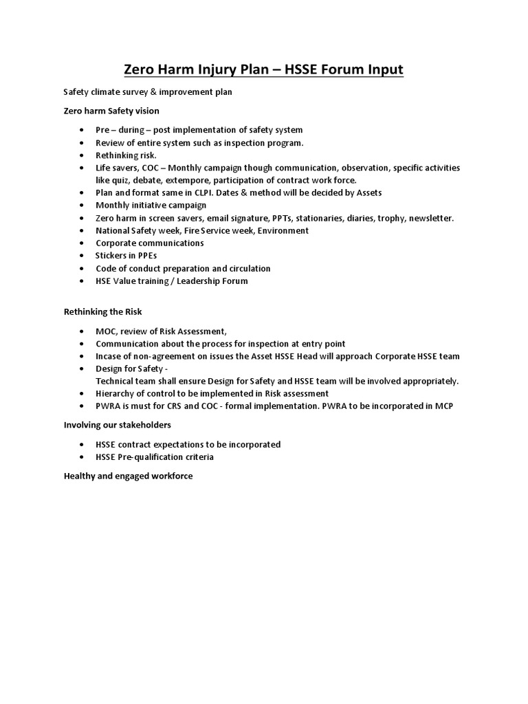 Zero Harm Injury Plan | PDF