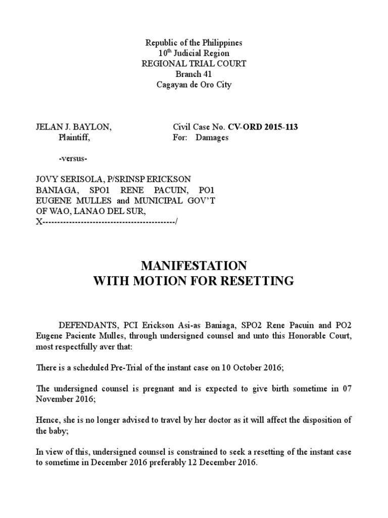 Manifestation With Motion For Resetting | PDF | Common Law | Separation Of Powers