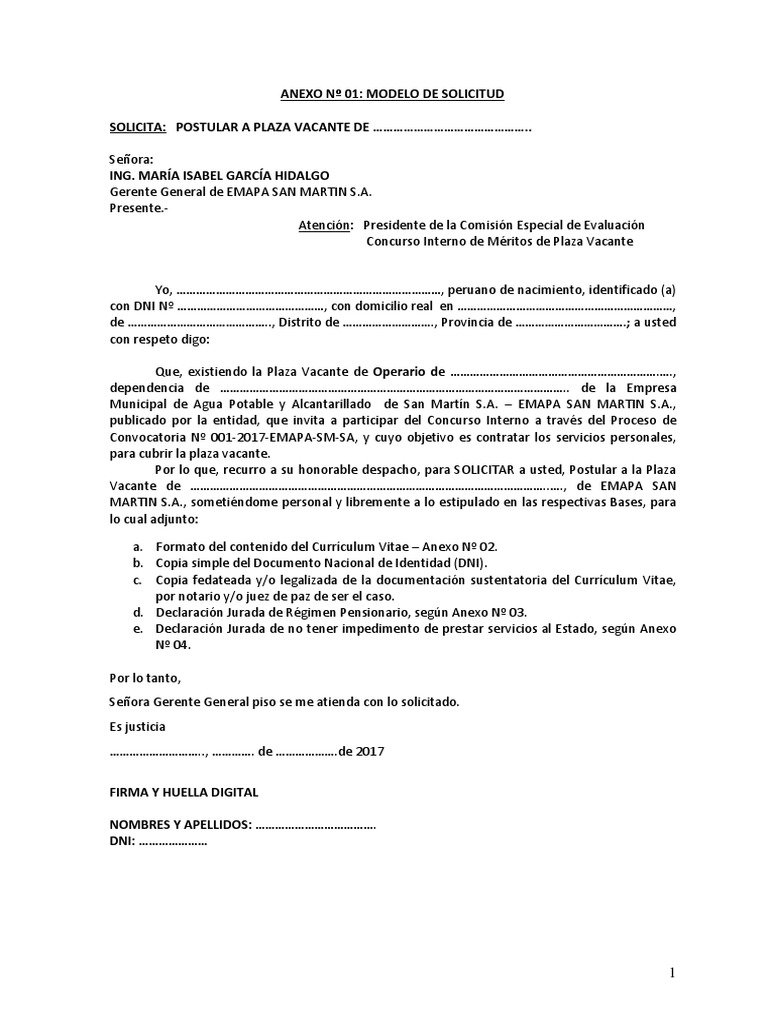 Solicitud para Plaza Vacante en EMAPA | PDF | Evaluación