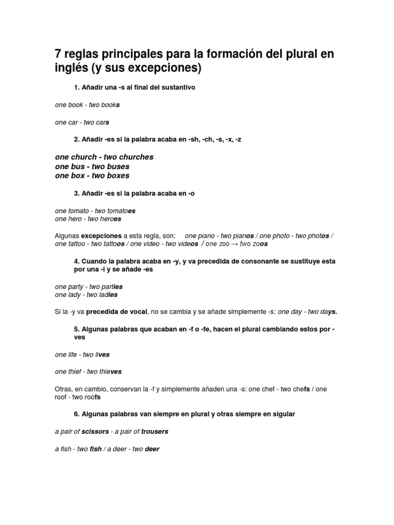 7 Reglas Principales para La Formación Del Plural en Inglés | PDF ...