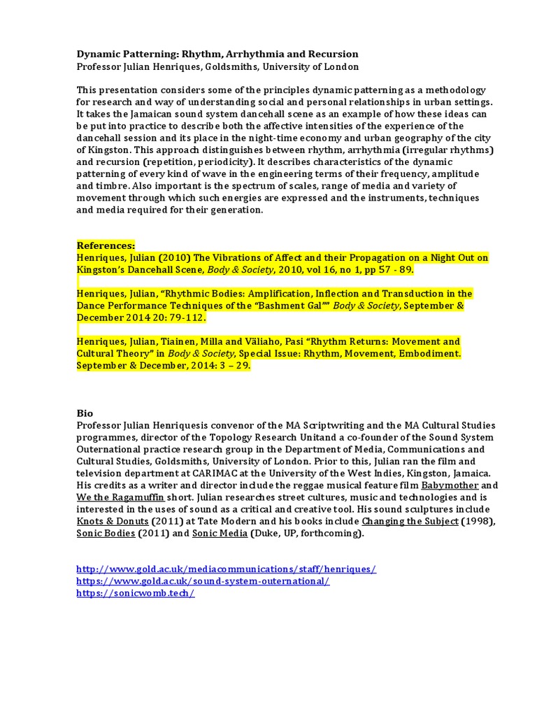 Dynamic Patterning: Rhythm, Arrhythmia and Recursion, Professor Julian Henriques | PDF | Sound ...