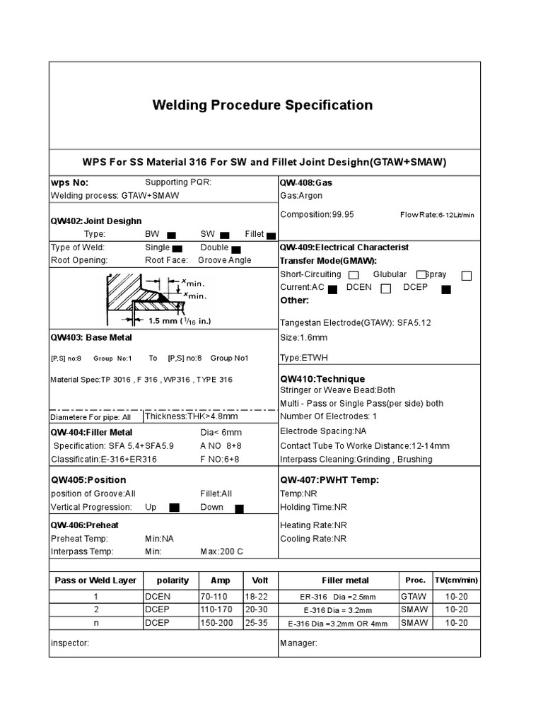 Welding Procedure Specification: WPS For SS Material 316 For SW and ...
