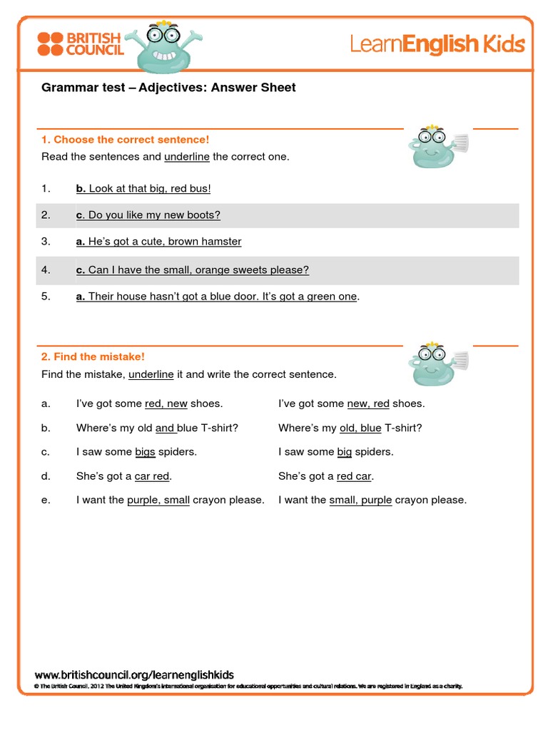 Grammar Test Adjectives Answer Key | PDF