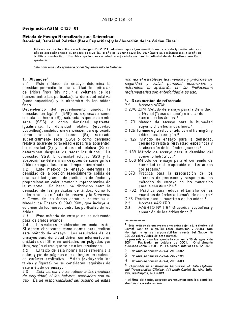 Astm C 128 01 PDF | PDF | Densidad | Agua