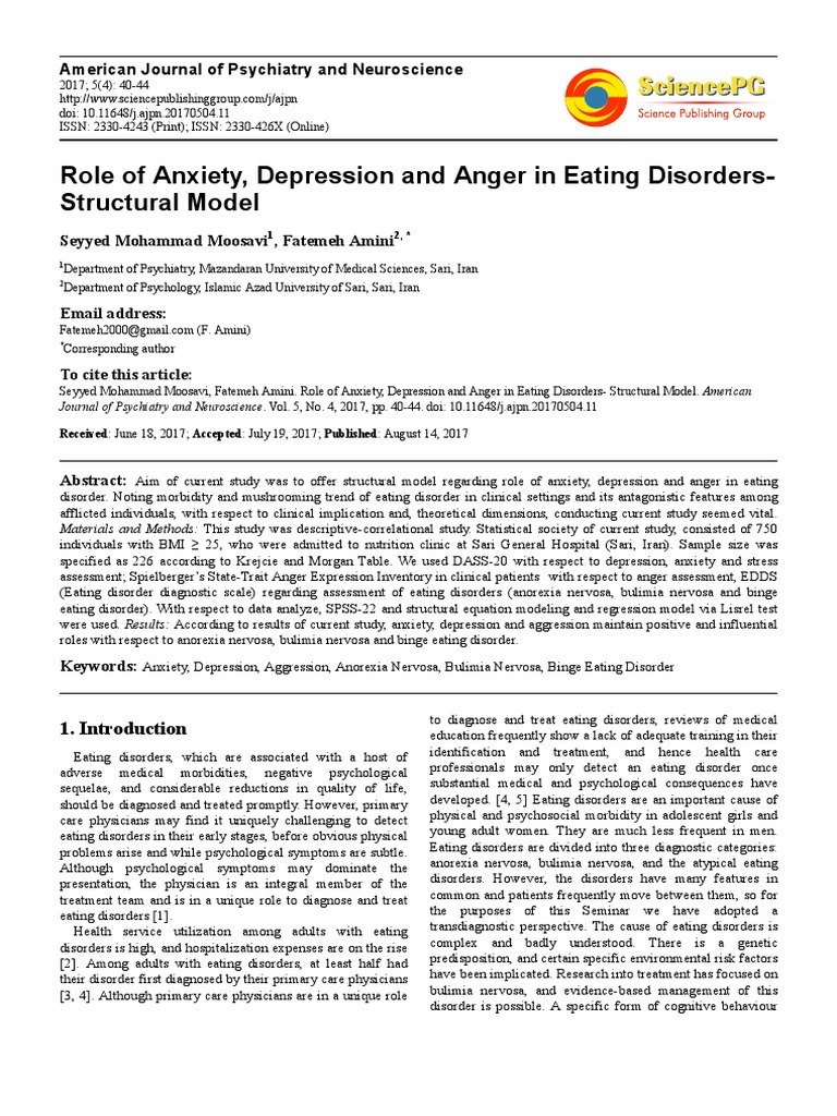 Role of Anxiety, Depression and Anger in Eating Disorders-Structural ...