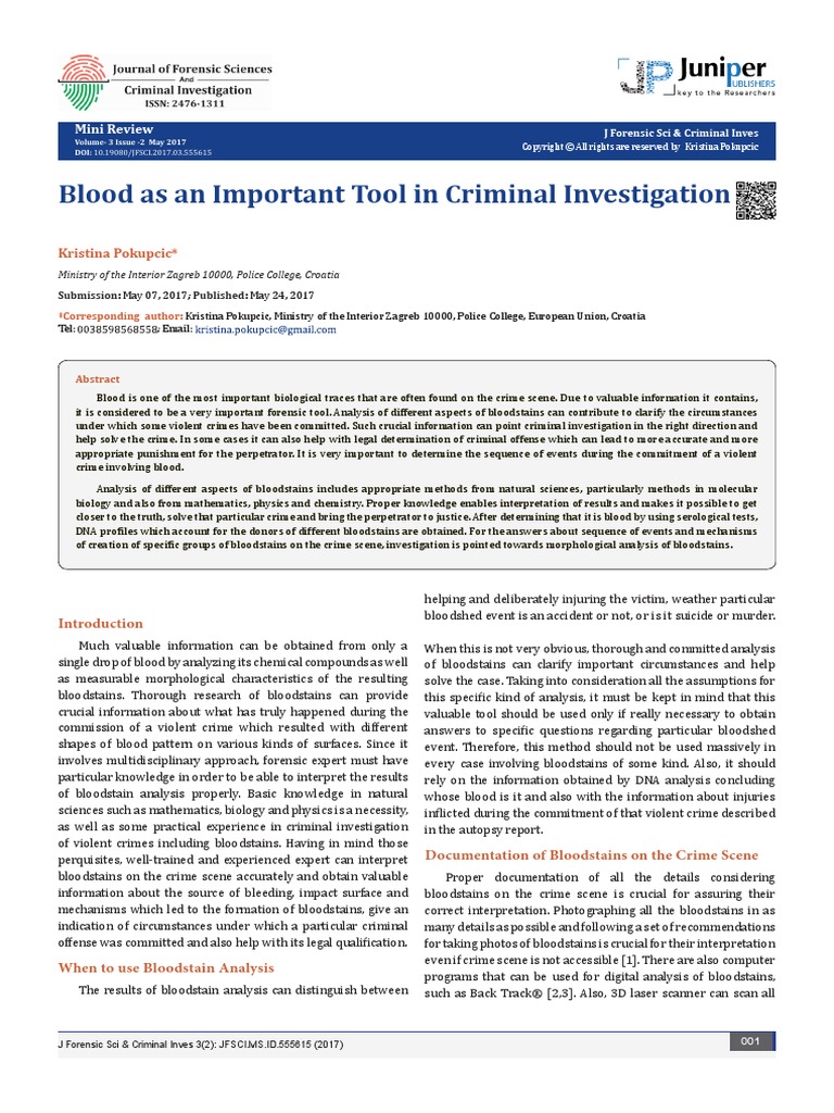Blood As An Important Tool in Criminal Investigation: Mini Review | PDF ...