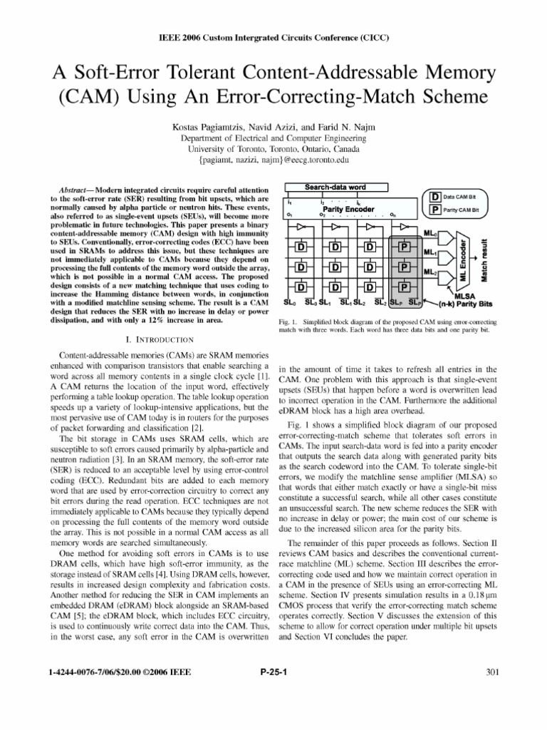 Soft Error Tolerant Content Addressable A Memory Cam Using An Error