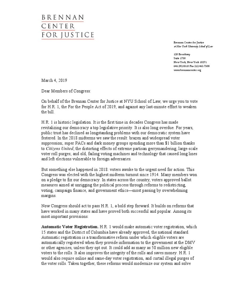 H.R. 1 Letter of Support | PDF | Campaign Finance In The United States ...