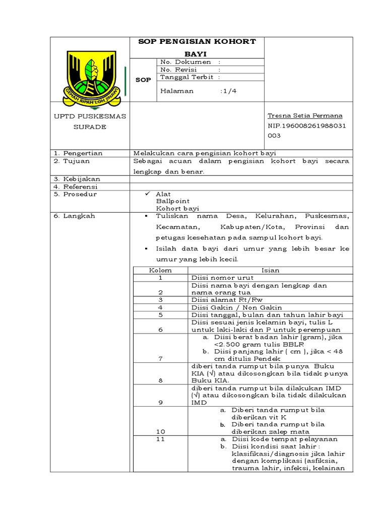 SOP Pengisian Kohort Bayi UPTD Puskesmas | PDF
