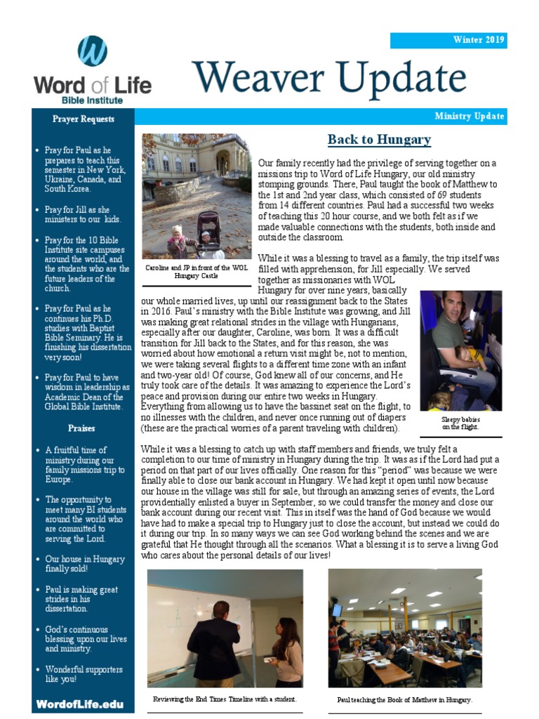 Weaver Prayer Letter: Winter 2019 | PDF