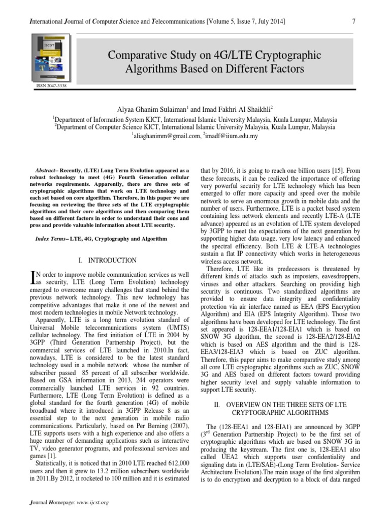 Comparative Study On 4G/LTE Cryptographic Algorithms Based On Different Factors | PDF | Lte ...