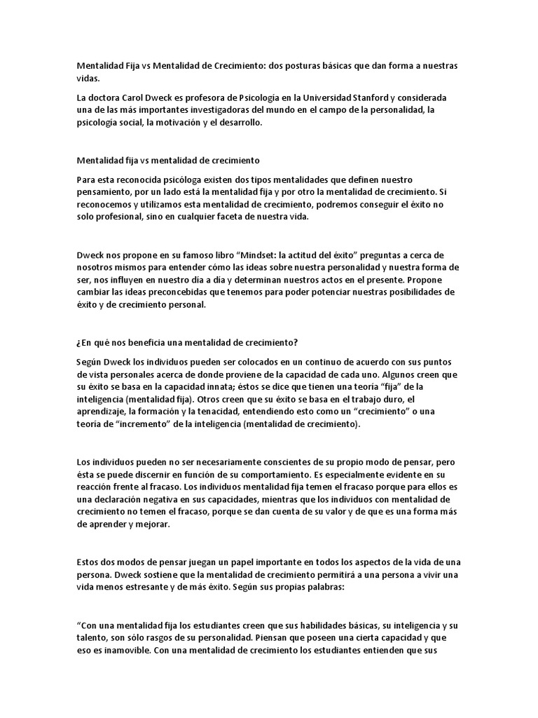 Mentalidad Fija Vs Mentalidad de Crecimiento | PDF | Conceptos ...