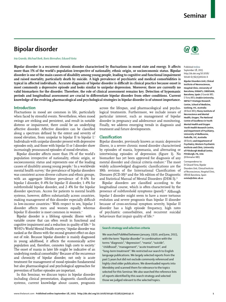 Bipolar Lancet 2015 | PDF | Bipolar Disorder | Mania