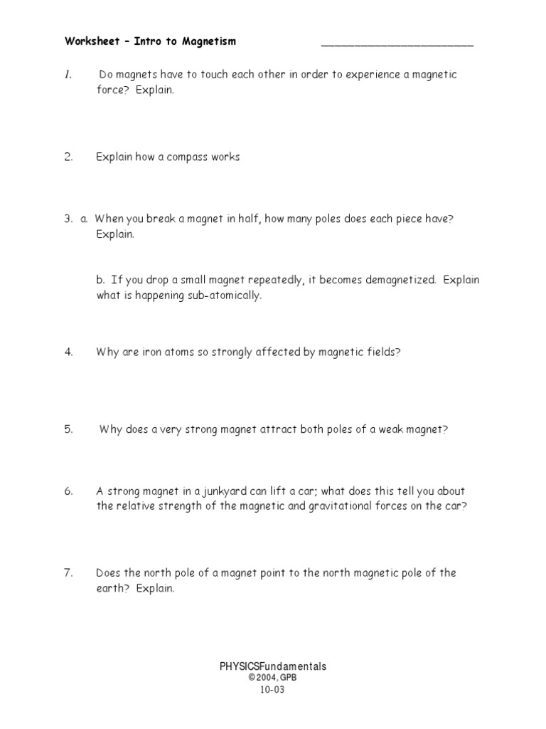 Worksheet - Intro To Magnetism | PDF