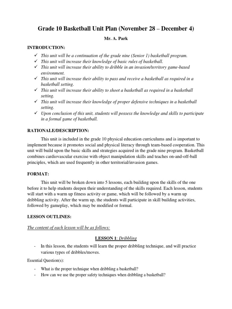 basketball unit plan 2018 | Physical Education | Learning