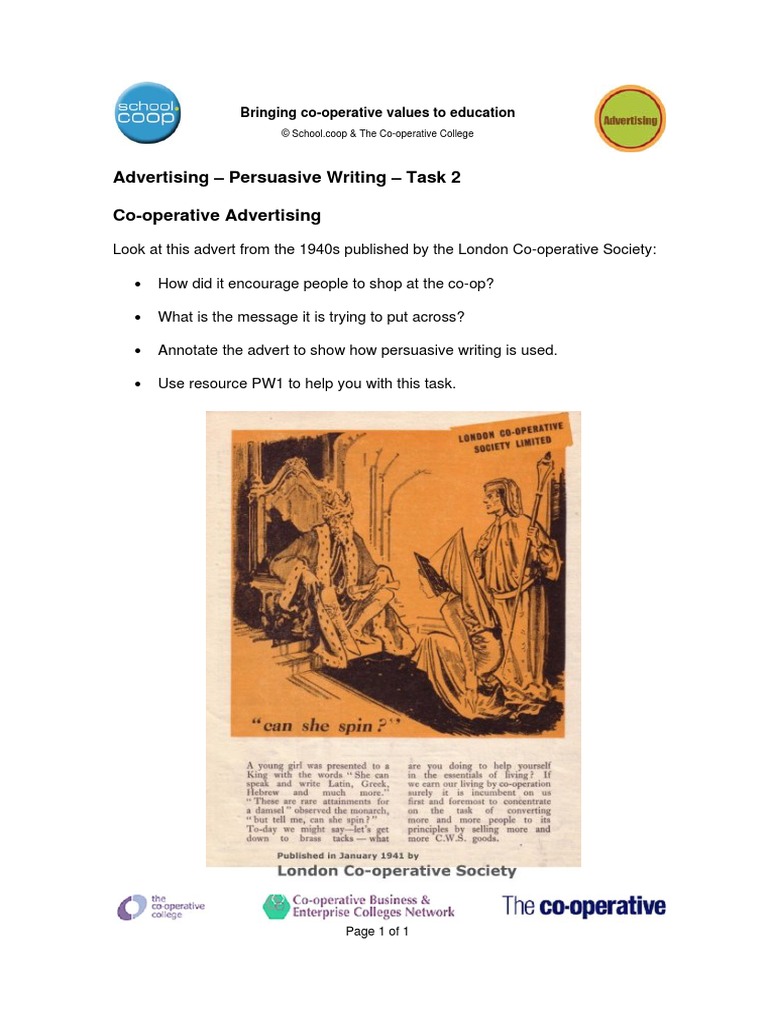 Advertising - Persuasive Writing - Task 2 Co-Operative Advertising | PDF