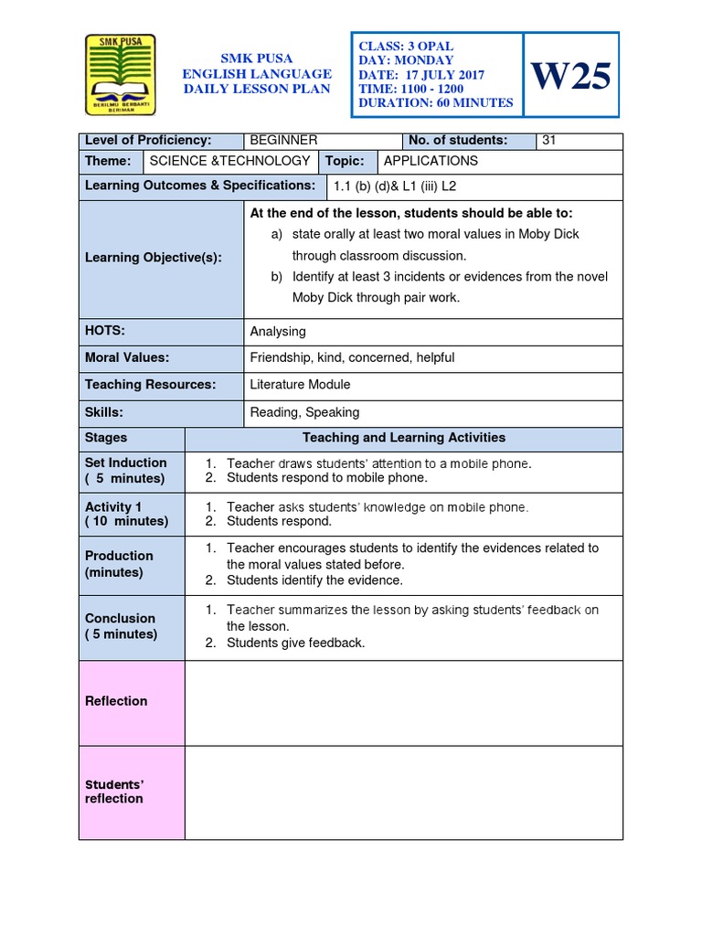 SMK Pusa English Language Daily Lesson Plan | PDF