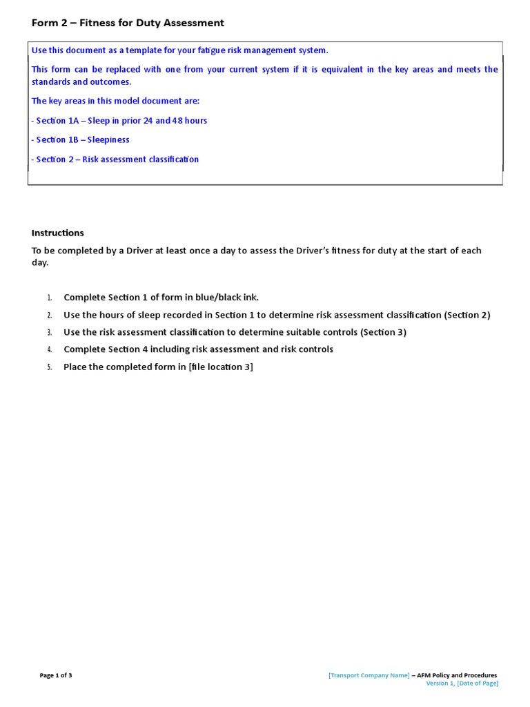 Form 2 - Fitness For Duty Assessment: Instructions | PDF | Sleep | Risk