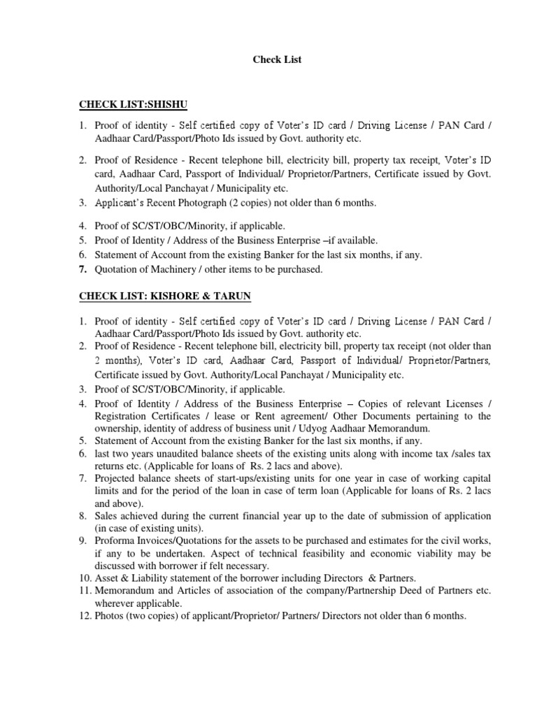 SBI-SME-Checklist MUDRA Loans | PDF | Identity Document | Invoice