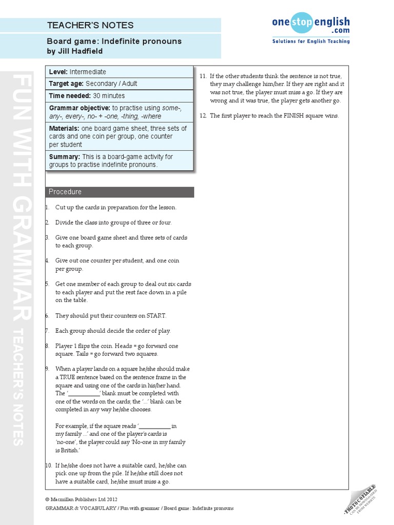 Board Game Indefinite Pronouns | PDF | Syntactic Relationships | Onomastics