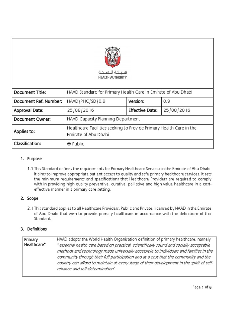 HAAD Primary Healthcare Standards Abu Dhabi | PDF | Primary Care ...